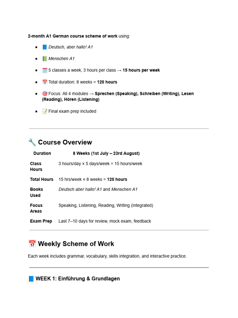 A1 German Course Scheme of Work | PDF