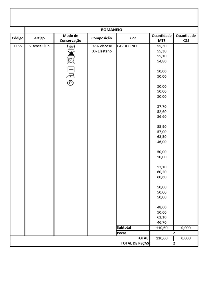 Modelo de Romaneio - Viscose Slub | PDF