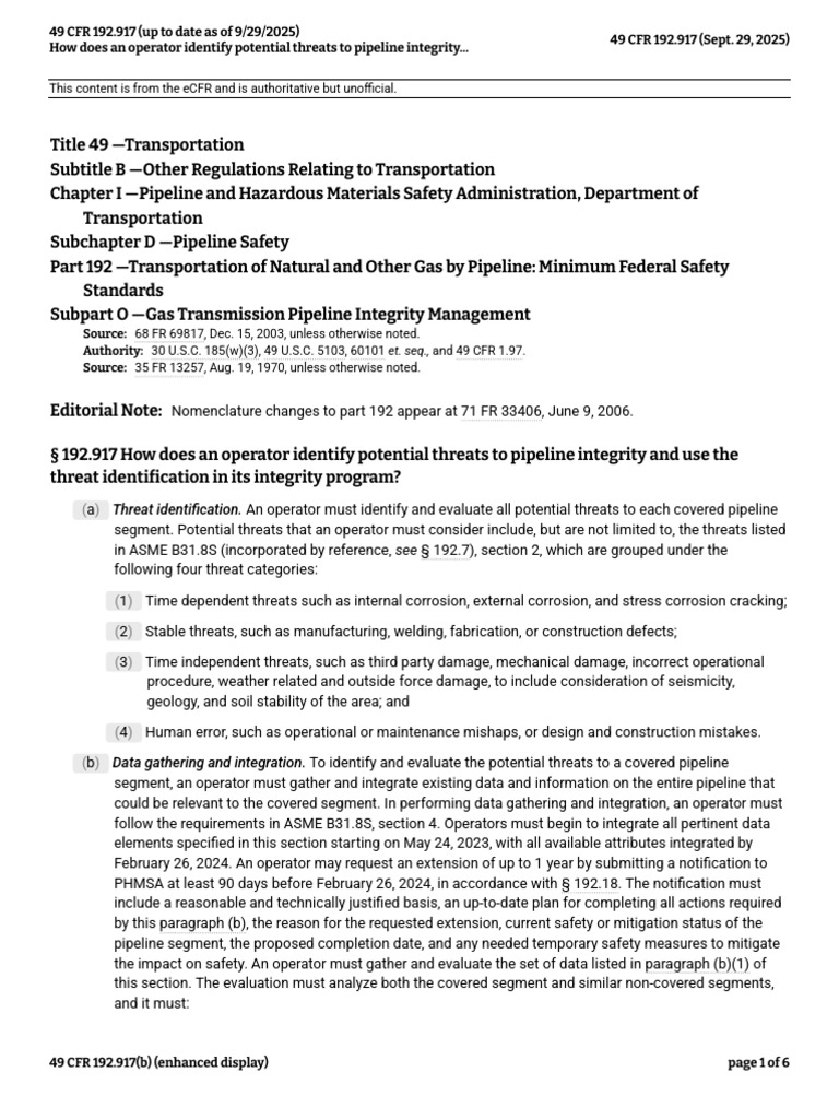 49 CFR 192.917 (Up To Date As of 9-29-2025) | PDF | Fatigue (Material ...