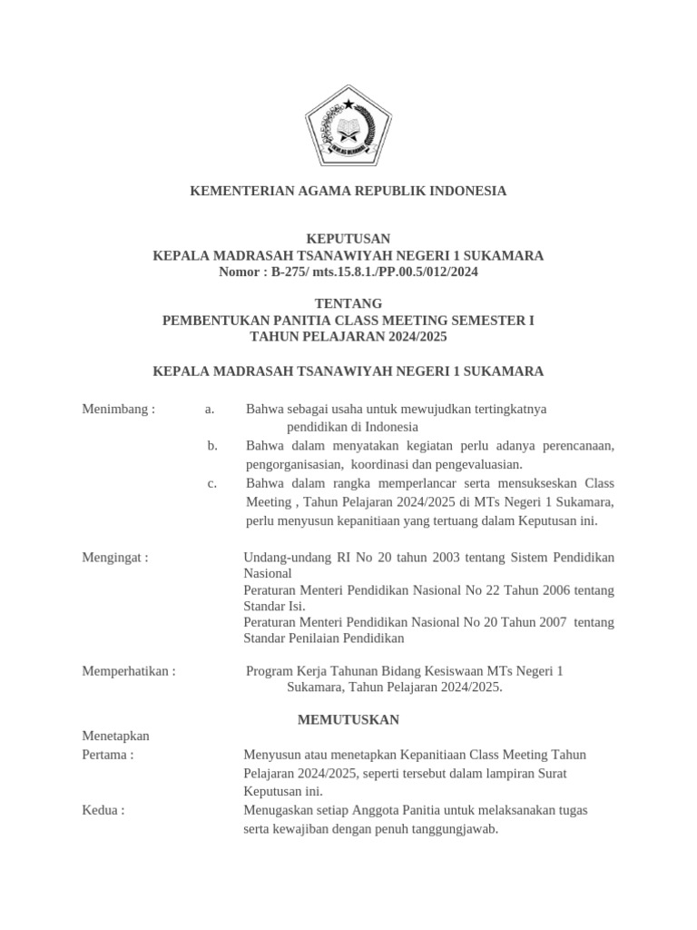 Pembentukan Panitia Class Meeting 2024 | PDF