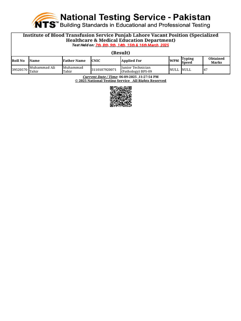 NTS Results for Junior Technician 2025 | PDF