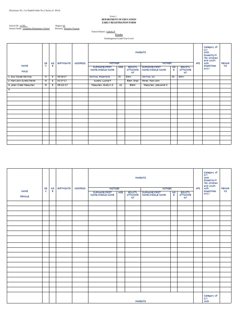 Early Registration Form for Kindergarten | PDF | Disability ...