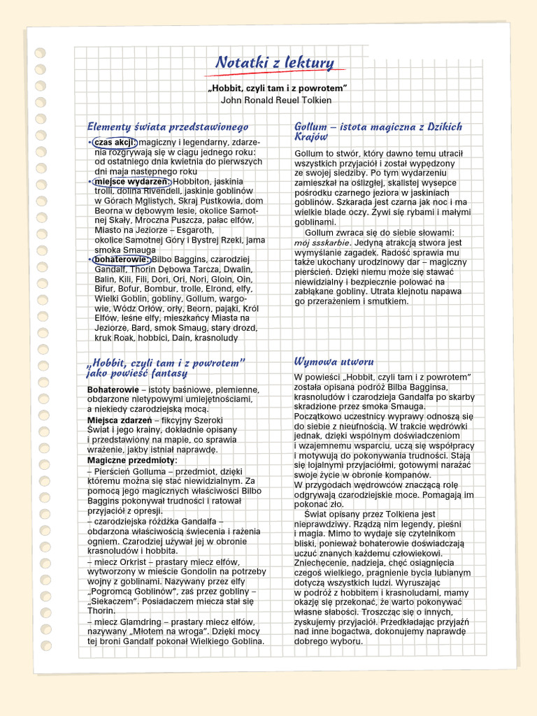 Hobbit Notatki Z Lektury | PDF