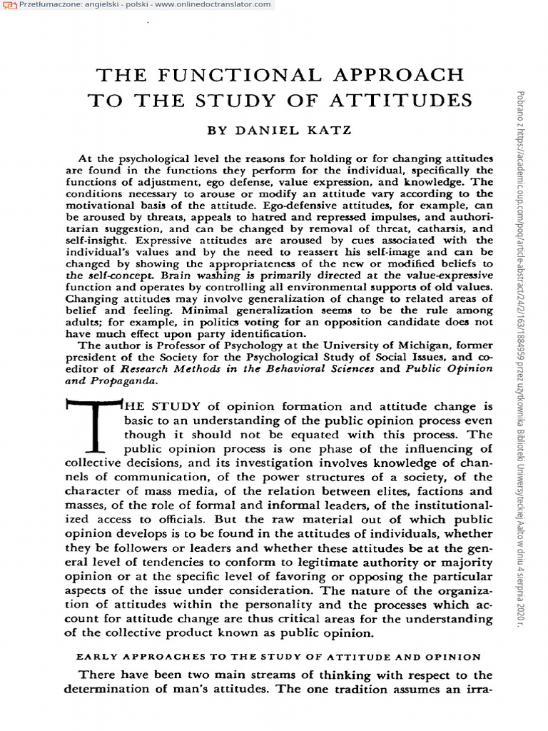 The Functional Approach To The Study of Attitudes - Katz - En.pl | PDF