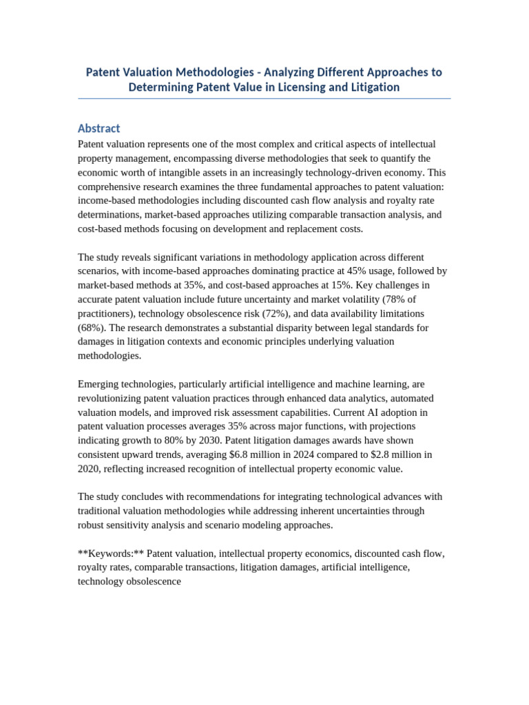 Patent Valuation Methodologies Research Paper | PDF | Valuation (Finance) | Discounted Cash Flow
