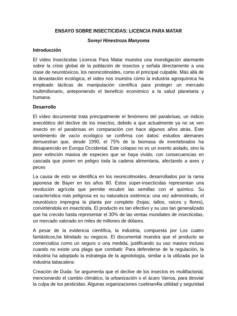 Ensayo Sobre Insecticidas Licencia para Matar Soreyi | PDF ...