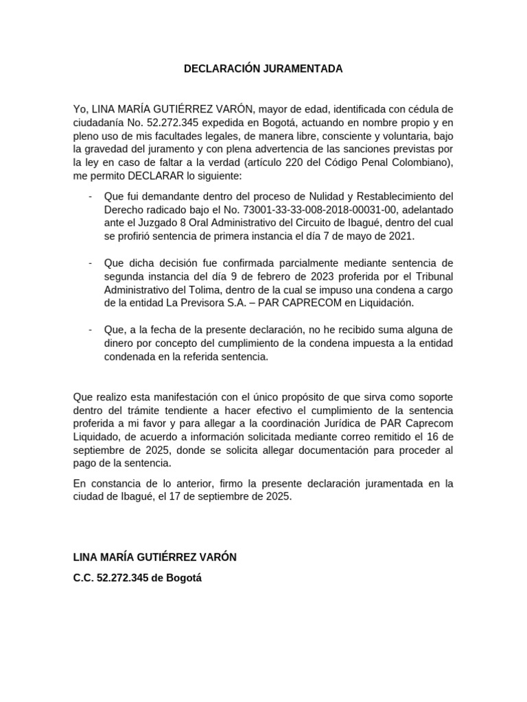 Declaración Juramentada Lina Gutierrez | PDF