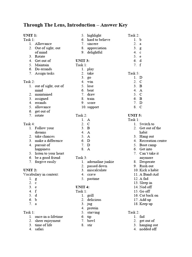 Through the Lens, Introduction, Answer Key | PDF