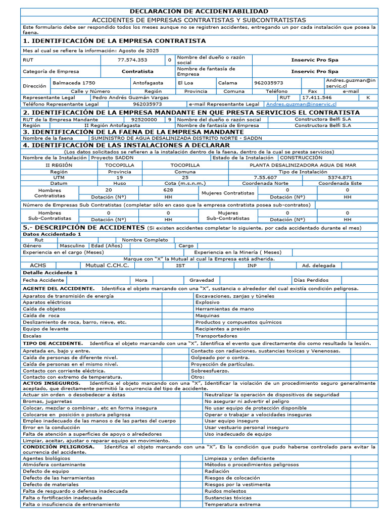 Formato Formulario - Estadistica - Accidente - Contratista - Fuera Área Mina DRT | PDF ...