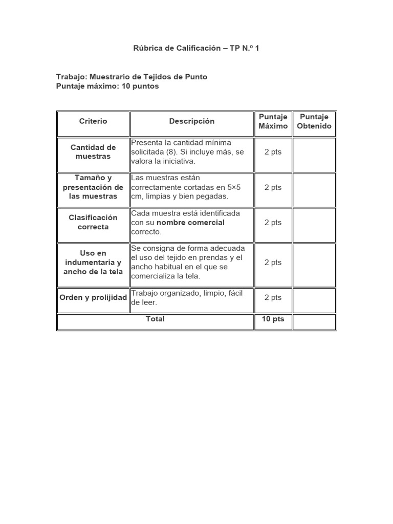 Rúbrica de Calificación_ TP Nº 1_071557 | PDF