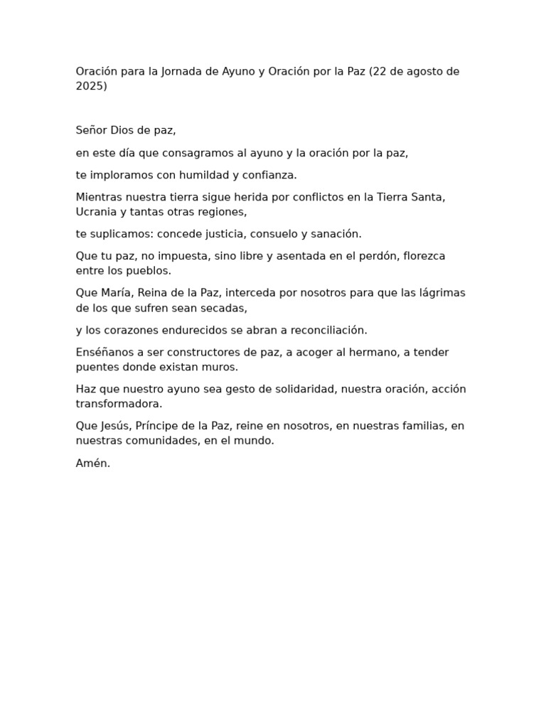 Oración para La Jornada de Ayuno y Oración Por La Paz | PDF