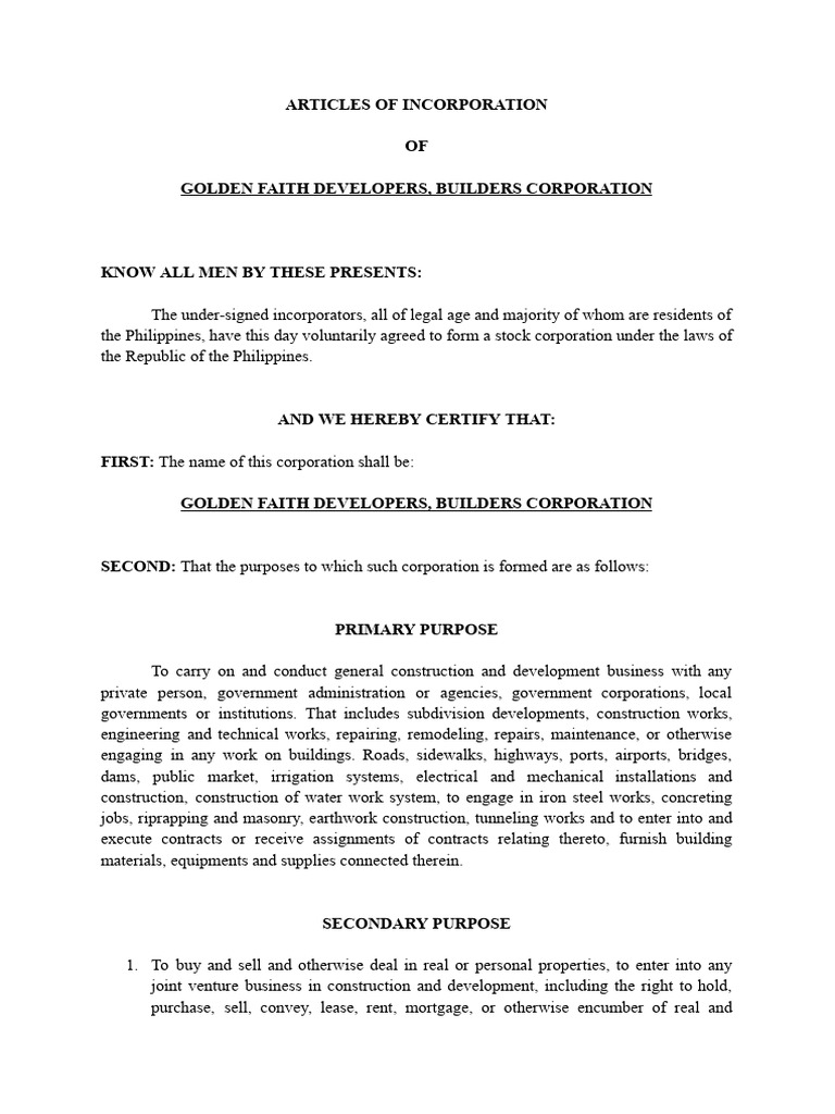 Articles of Incorporation: Golden Faith | PDF | Board Of Directors | Quorum
