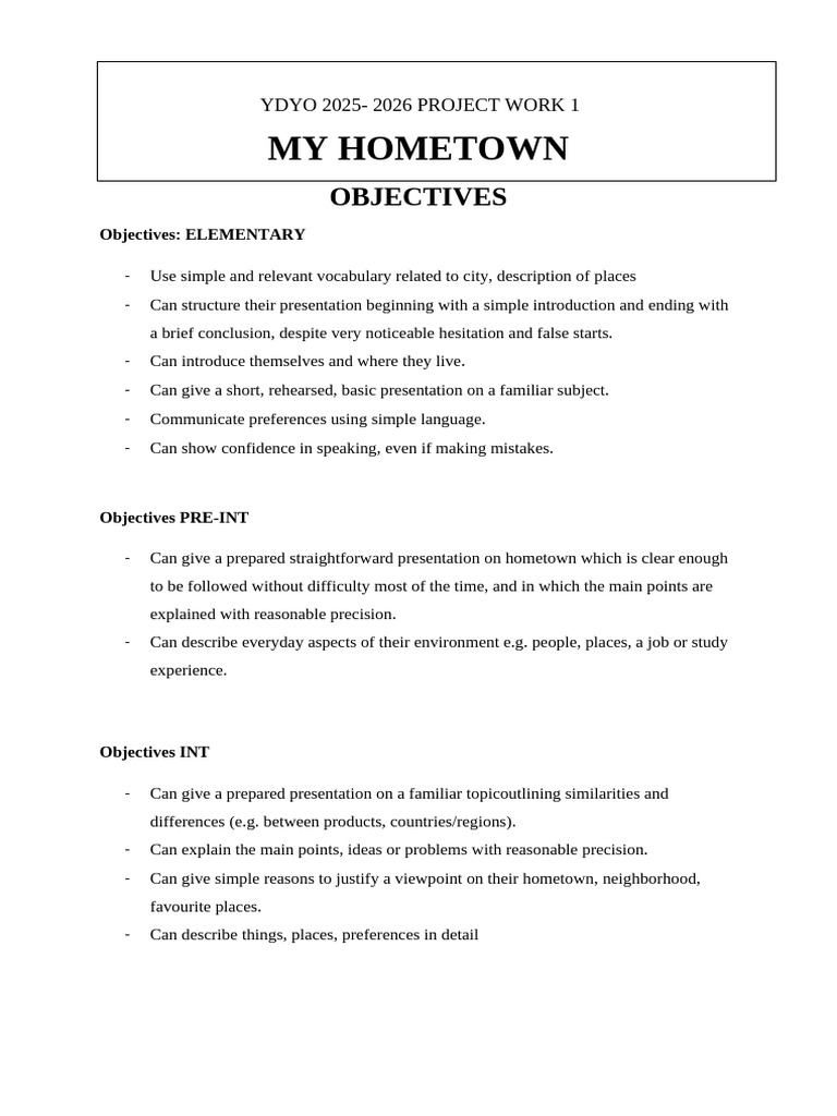 3 Project Topic 1 Hometown Objectives | PDF