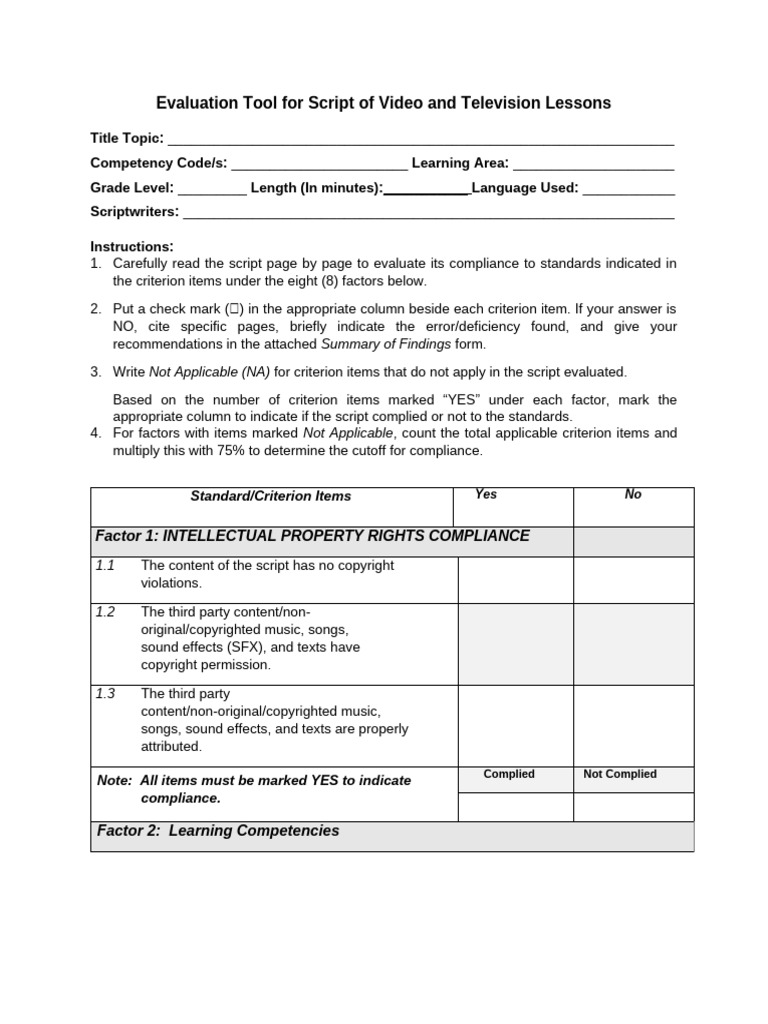 Evaluation Tool For Script of Video and Television Lessons | PDF ...
