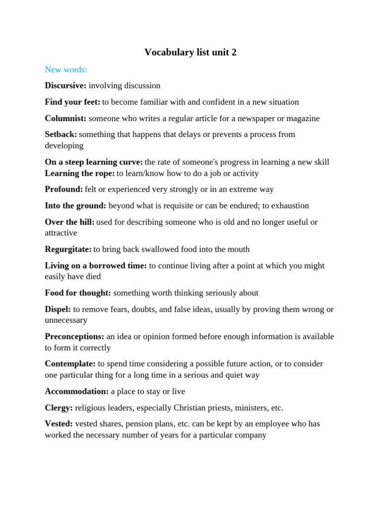 Vocabulary List Unit 2 | PDF