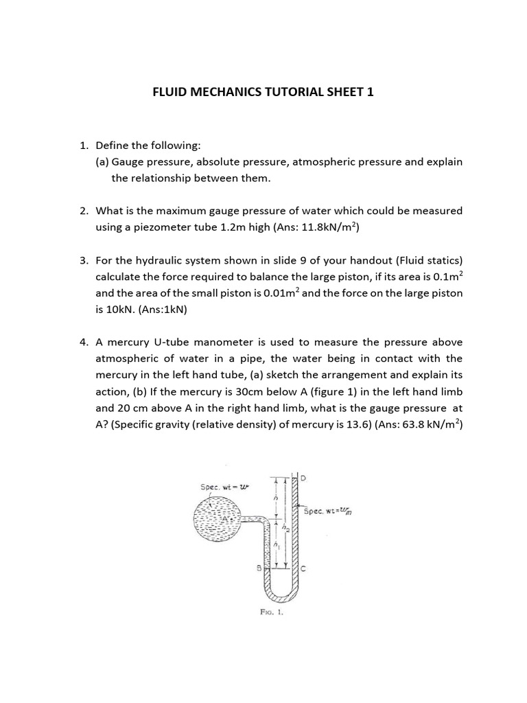 Fluid Mechanics Tutorial Sheet 1 | PDF