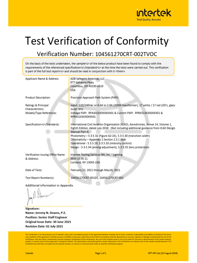 Intertek Test Verification for PAPI System | PDF
