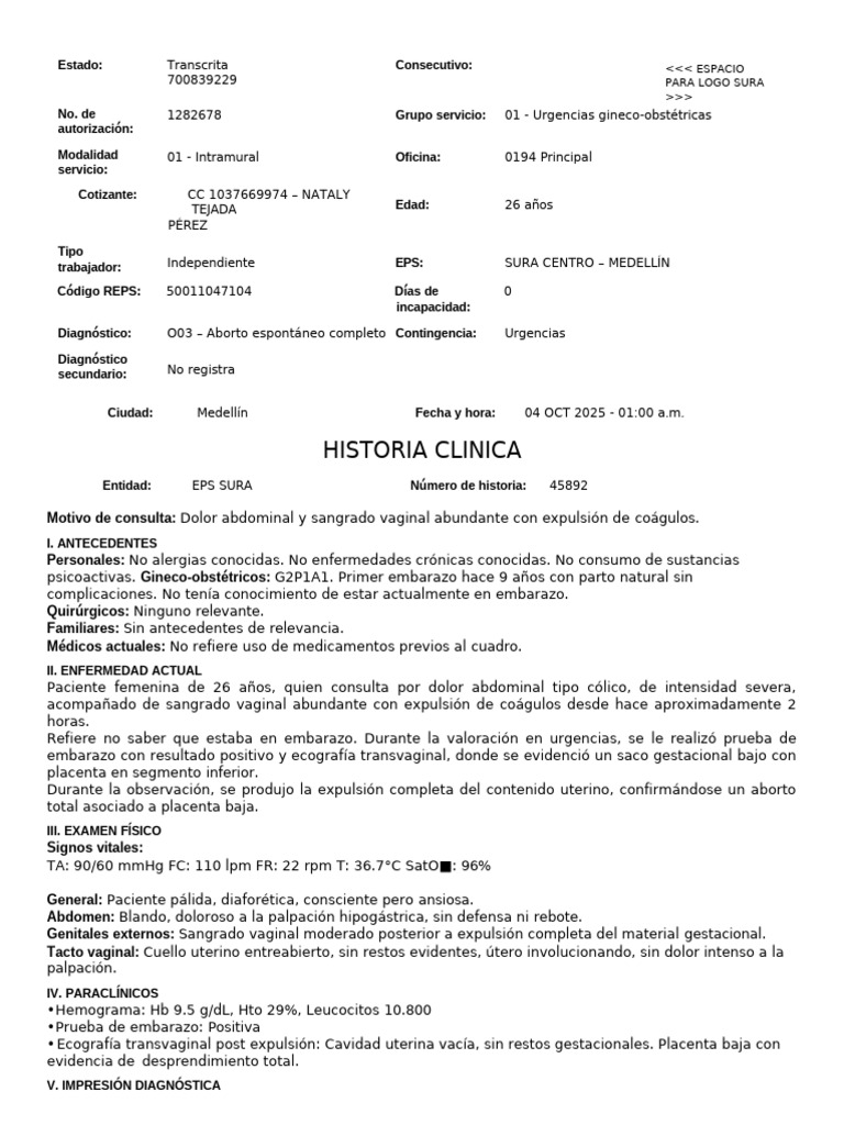 Historia Clinica Nataly Tejada Perez | PDF | El embarazo | Aborto