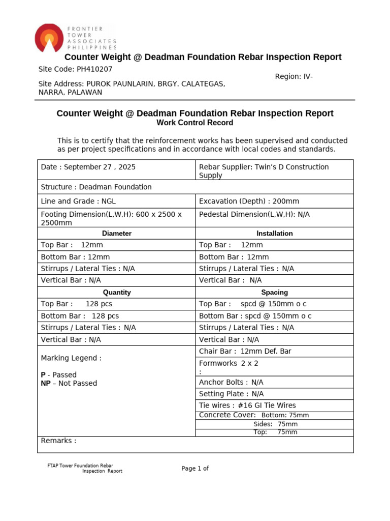 Deadman Foundation Rebar Inspection Report | PDF | Structural ...