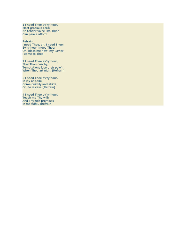 Choir Lyrics: "I Need Thee" & "Beautiful Name" | PDF