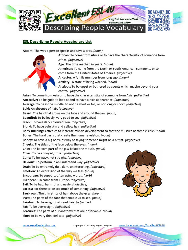 ESL Describing People Vocabulary Worksheet | PDF | Adjective | Face