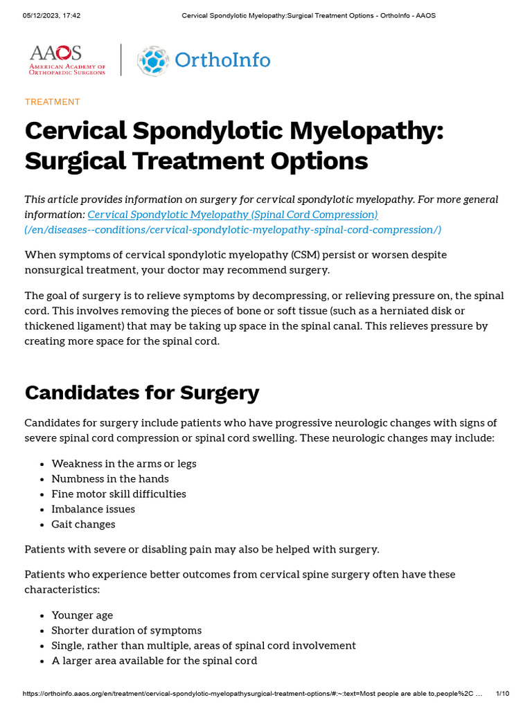 Cervical Spondylotic Myelopathy - Surgical Treatment Options ...