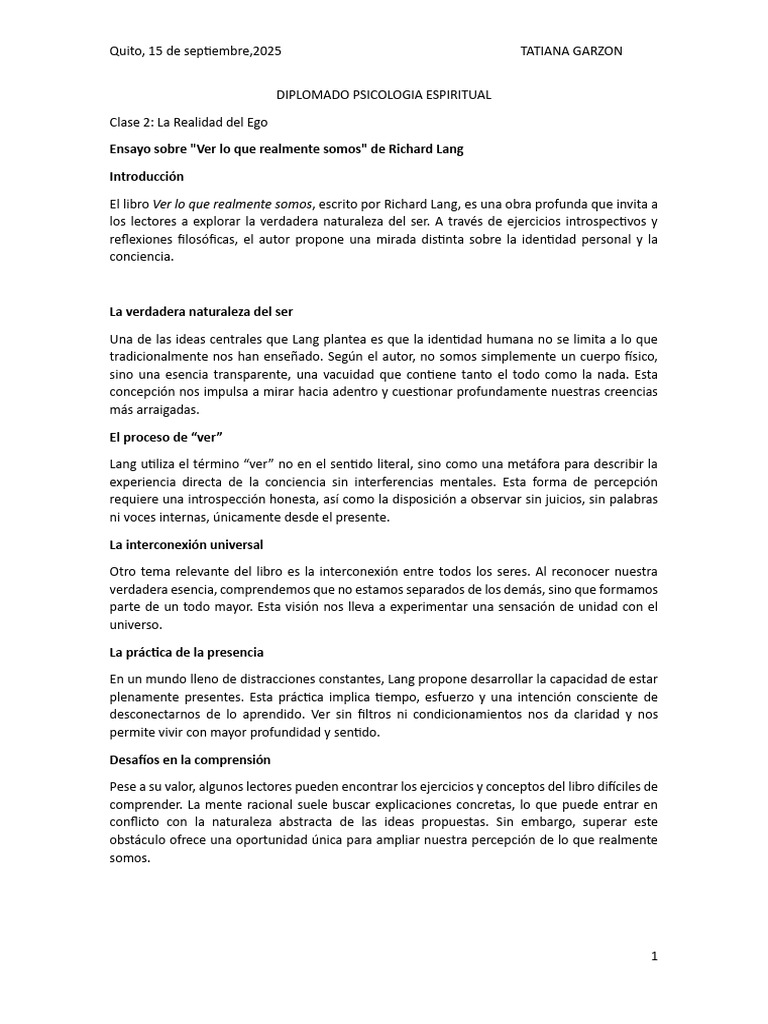 Ensayo Libro Richard Lang | PDF | Experiencia | Mente