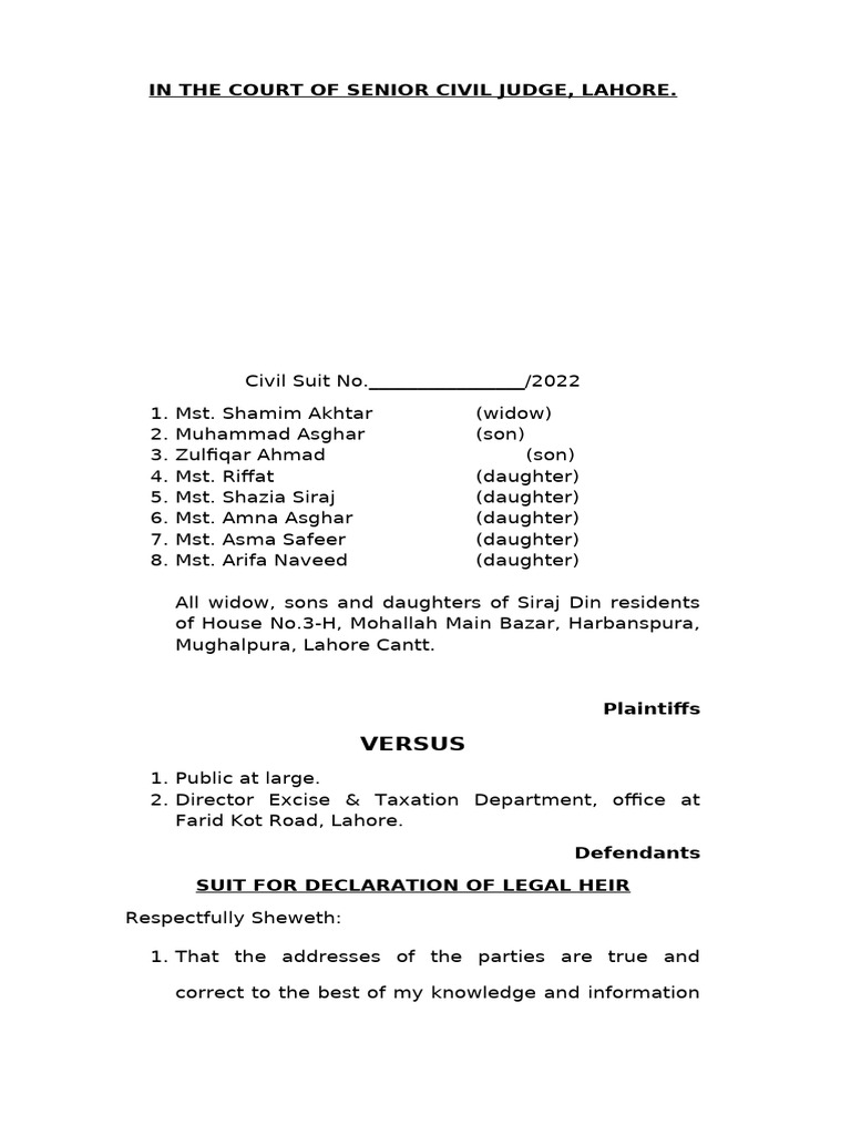 Suit For Declaration of Legal Heirs Shamim Akhtar Etc Vs Excise ...