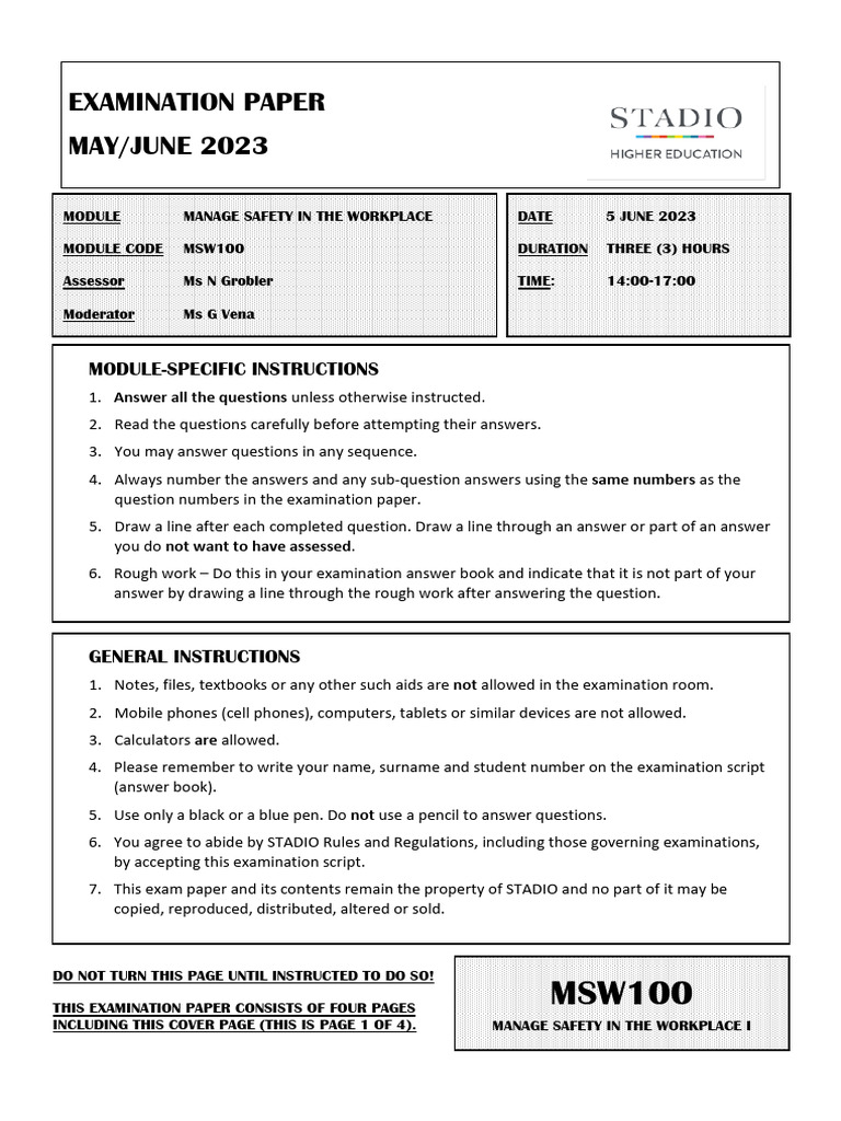 MSW100 Workplace Safety Exam Paper | PDF | Occupational Safety And ...