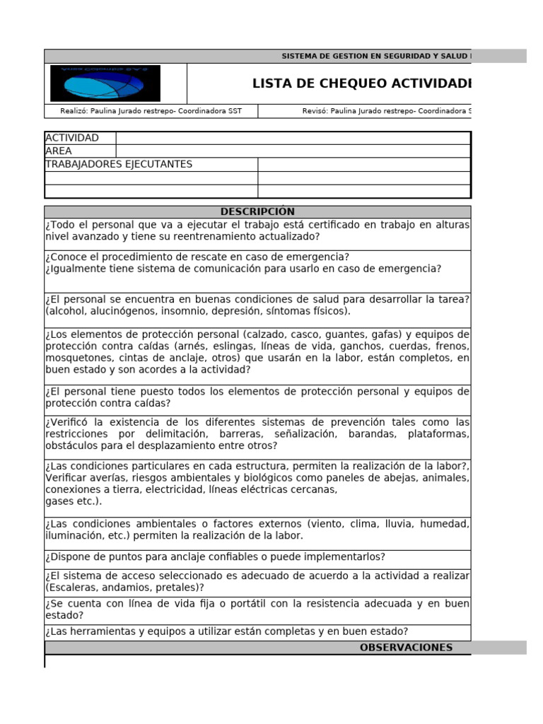 Lista de Chequeo para Seguridad en Alturas | PDF
