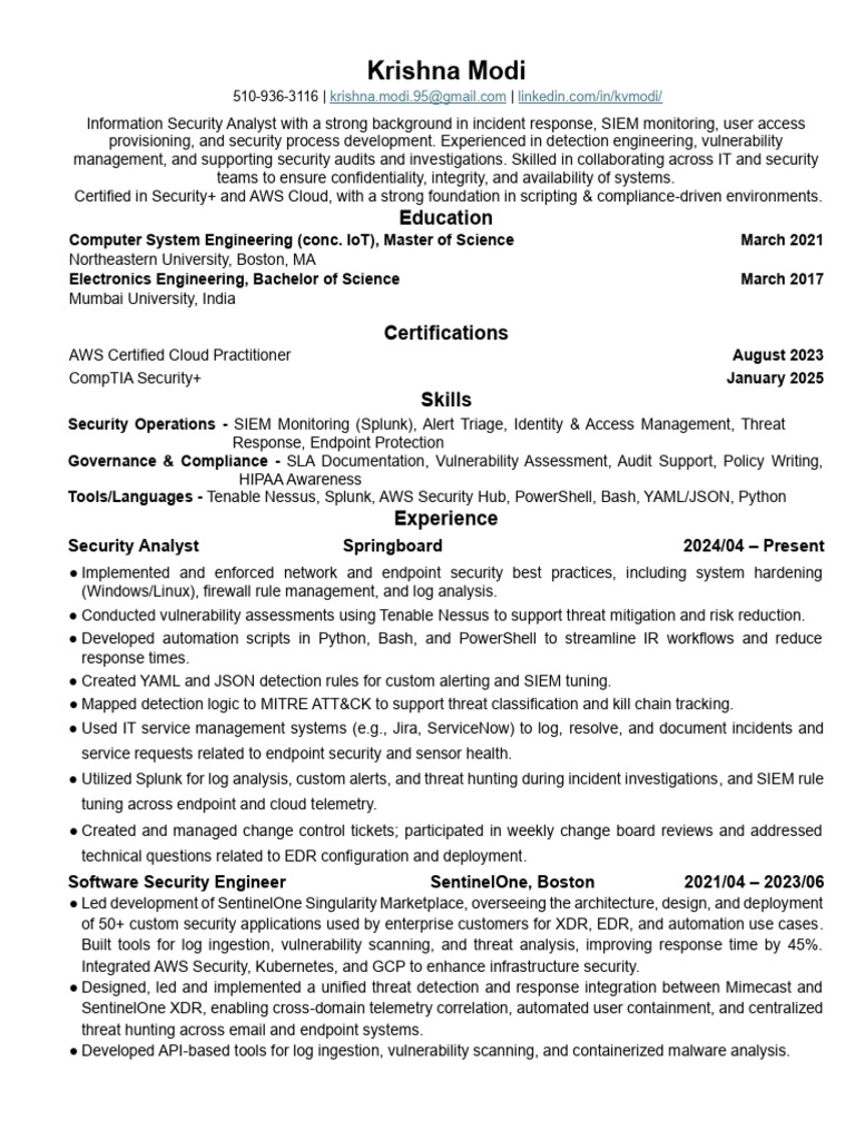 Information Security Analyst Resume | PDF | Computer Security | Security