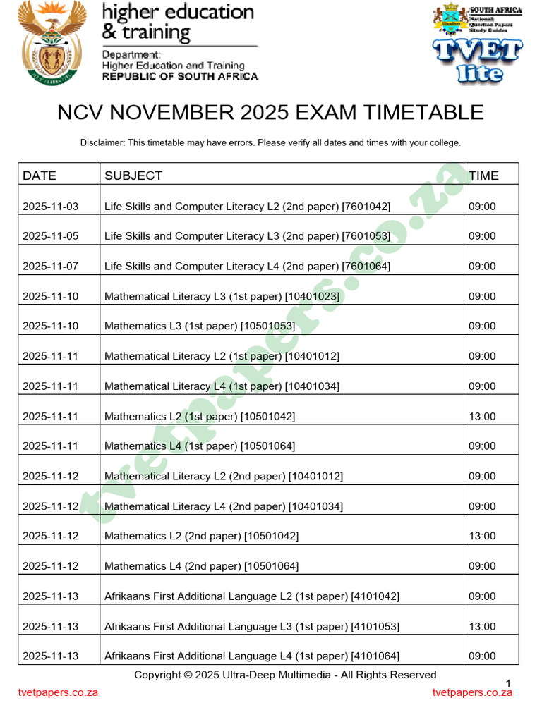NCV November 2025 Timetable | PDF