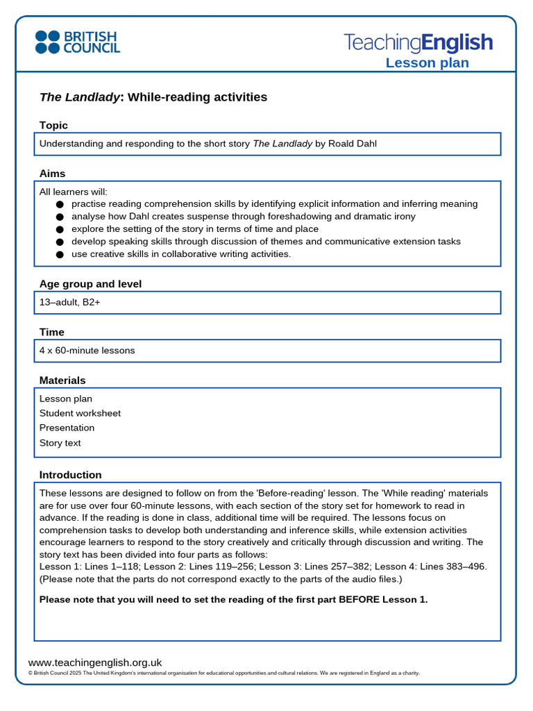The Landlady - While-Reading - Lesson Plan - 0 | PDF | Lesson Plan