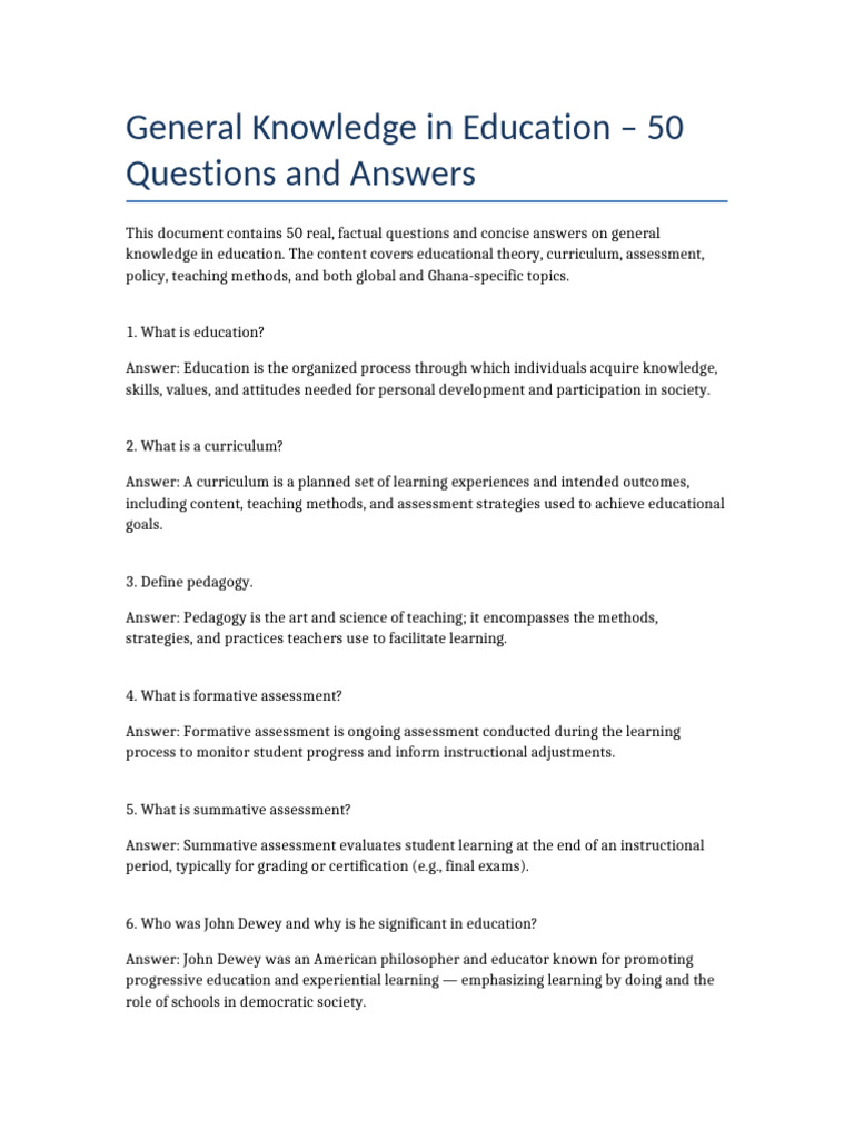 50 Essential Education Knowledge Q&As | PDF | Educational Assessment ...