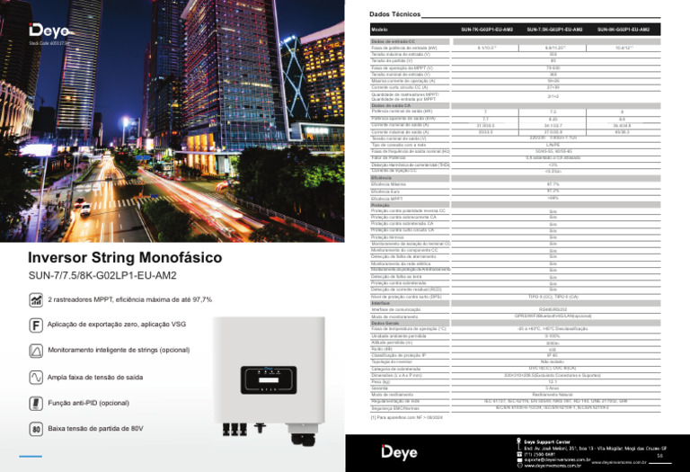 Datasheet Inversor Deye Sun 7.5k g02p1 Eu Am2 | PDF | Corrente alternada | Quantidade
