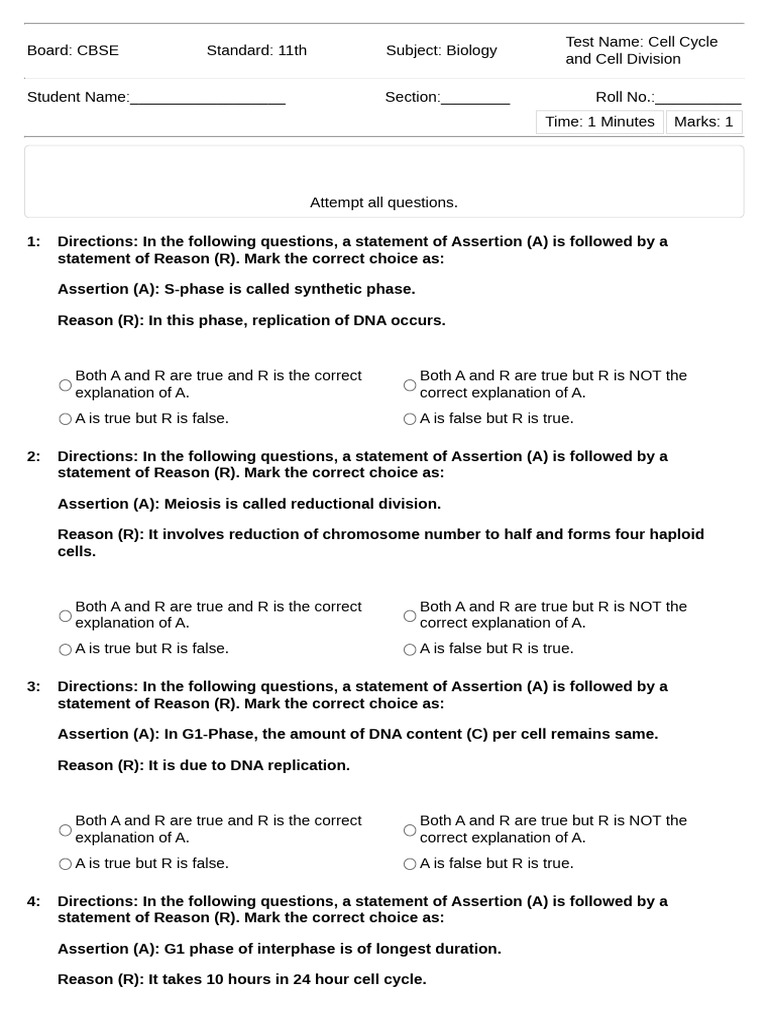 Cell Cycle and Division Test for CBSE 11 | PDF | Meiosis | Mitosis