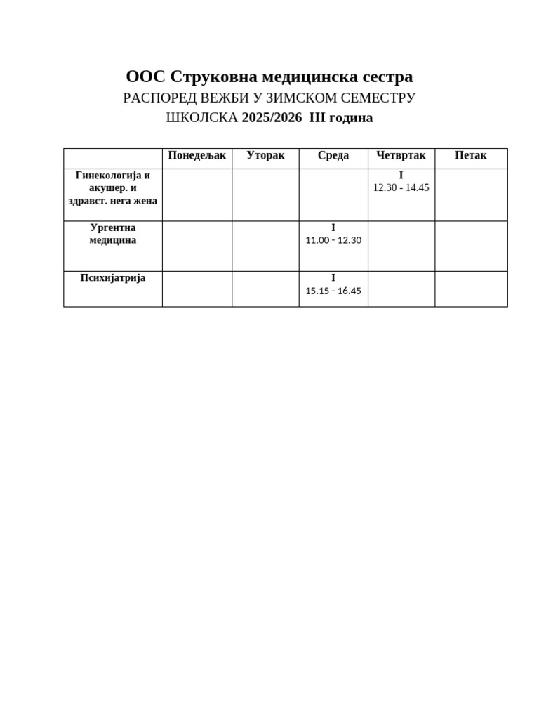 Raspored Vezbe Med - Sestra 3 | PDF