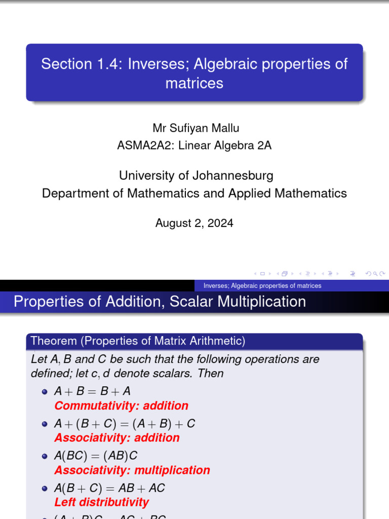 Matrix Inverses and Algebraic Properties | PDF | Matrix (Mathematics ...