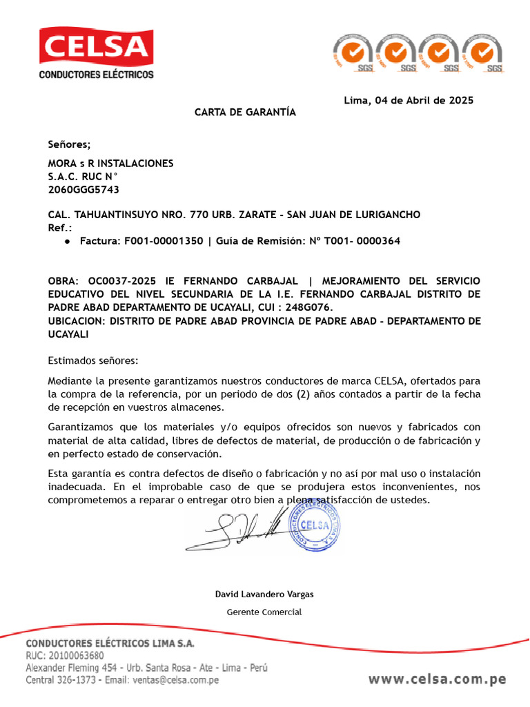 Carta de Garantía - Cables N2xoh Amarillo | PDF