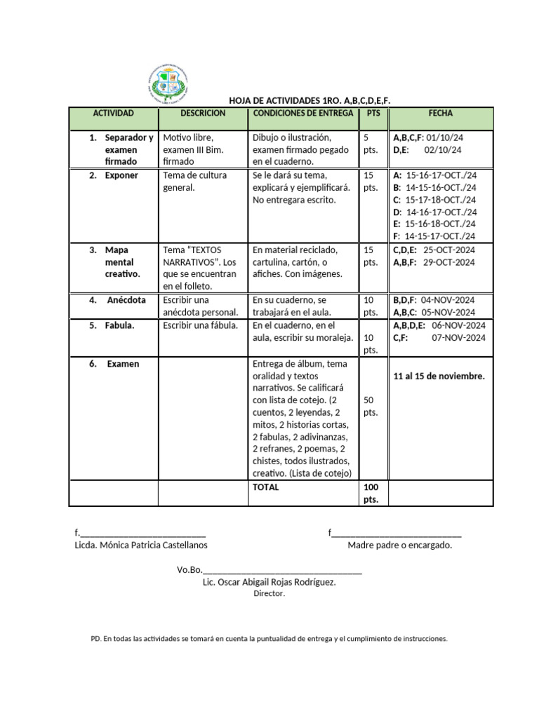 HOJA DE ACTIVIDADES 1ro y 2do. | PDF