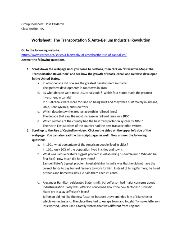 Appendix Ib Rise of Capitalism Worksheet | PDF | Canal | Chicago