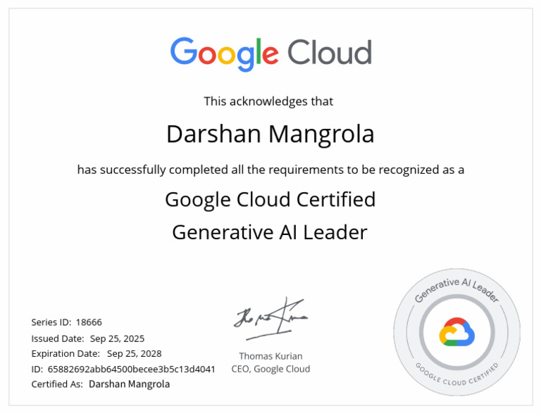 Darshan Mangrola: Google Cloud Certified Generative AI Leader | PDF
