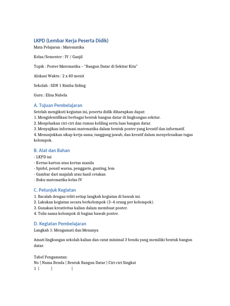 LKPD Poster Matematika SDN1RimbaSiding | PDF