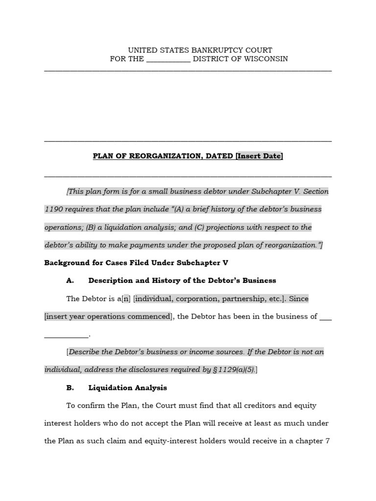 Subchapter V Reorganization Plan | PDF | Chapter 11 | Bankruptcy