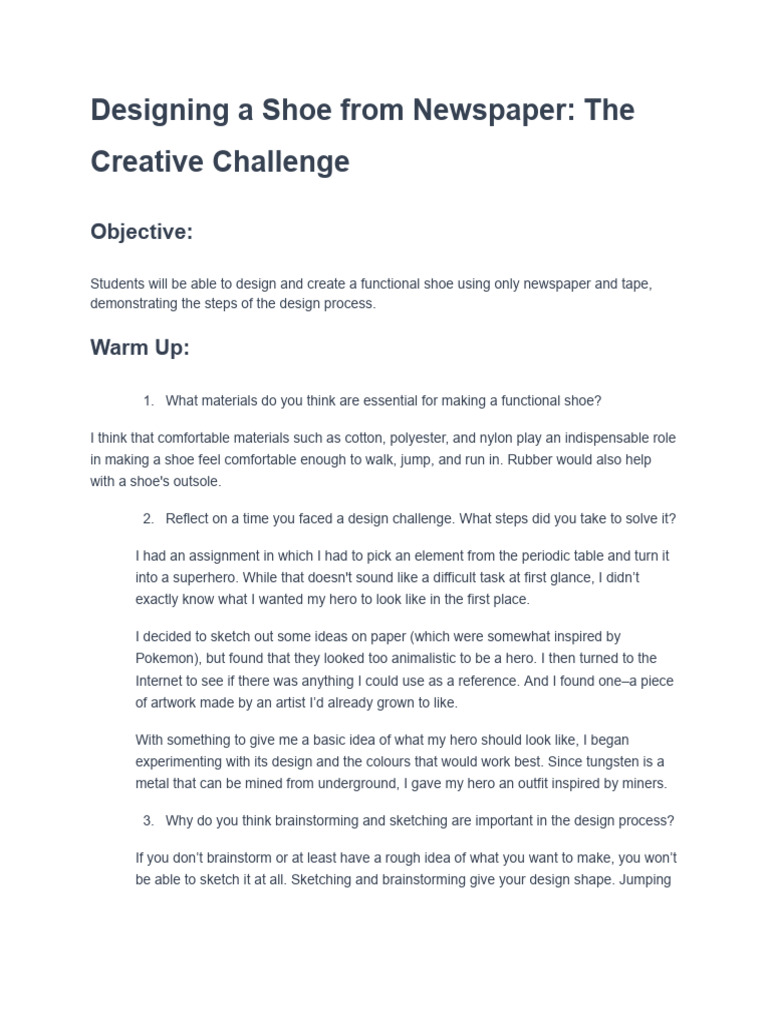 Newspaper Shoe Design Challenge | PDF | Brainstorming | Shoe