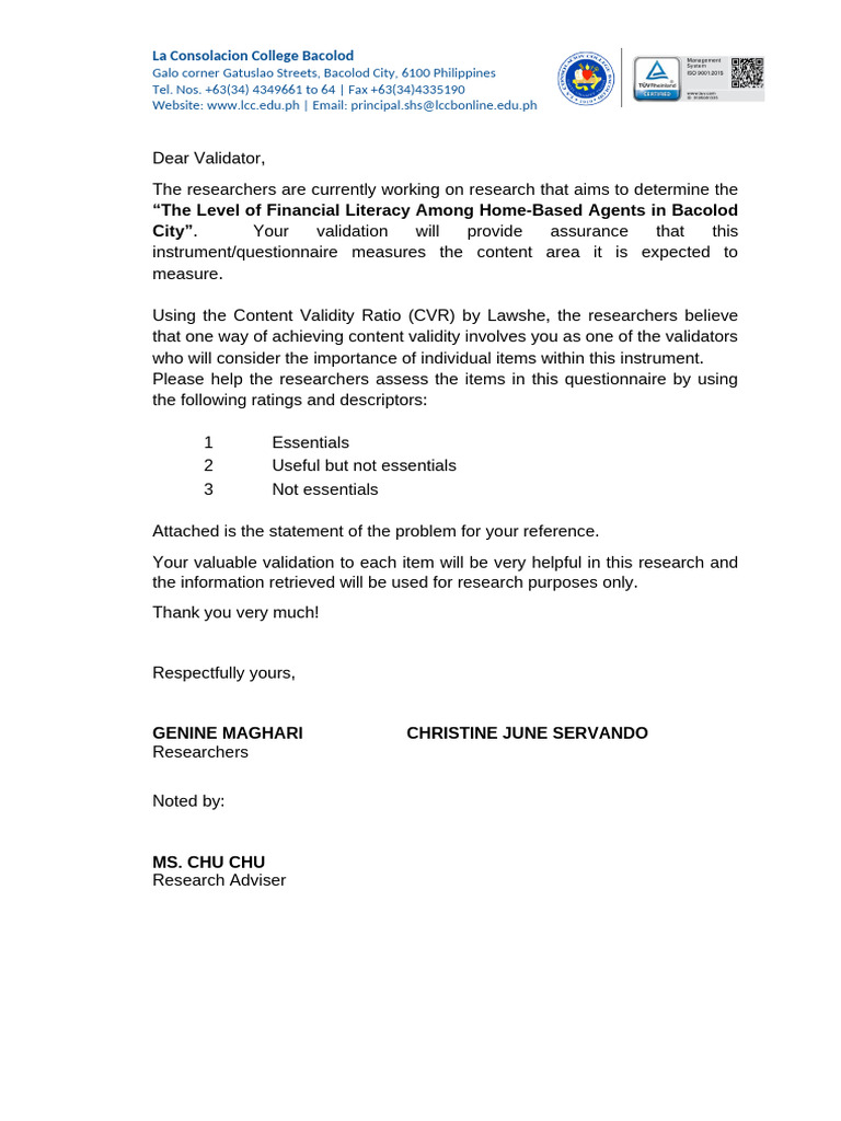 For Validity For Questionnaire Financial Literacy | PDF | Financial Literacy