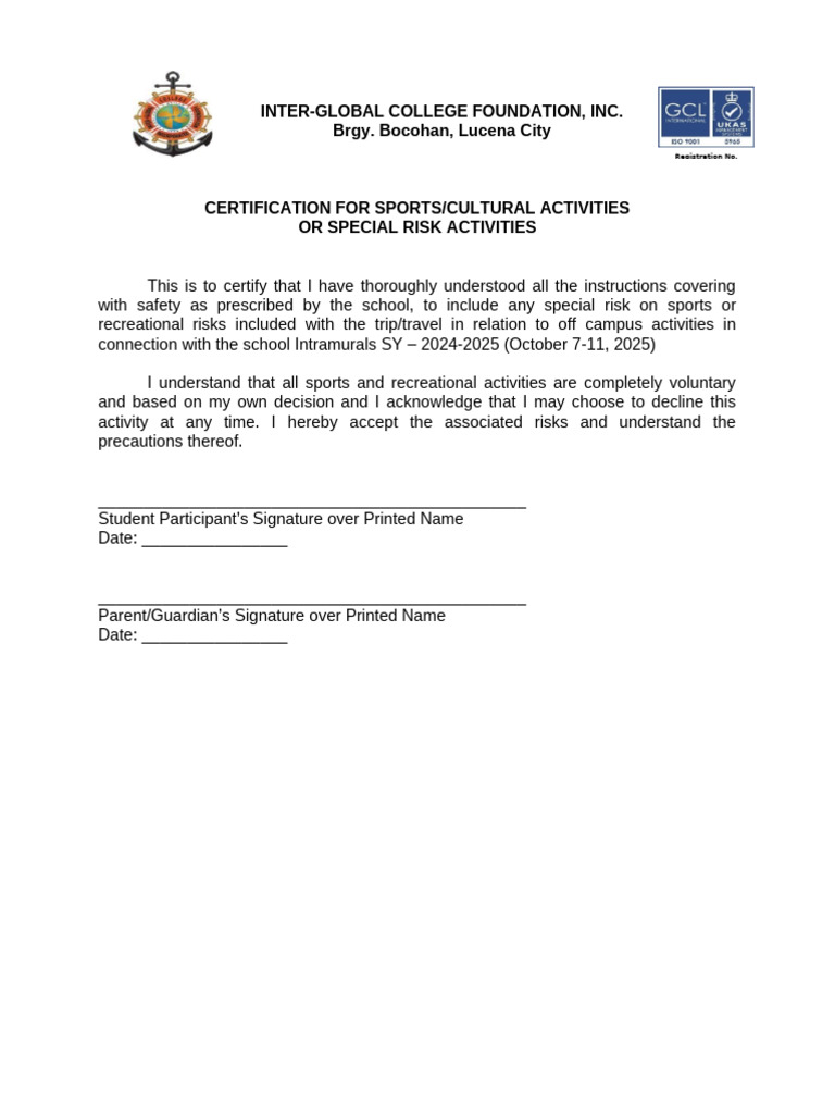 Intrams 2025 Waiver | PDF