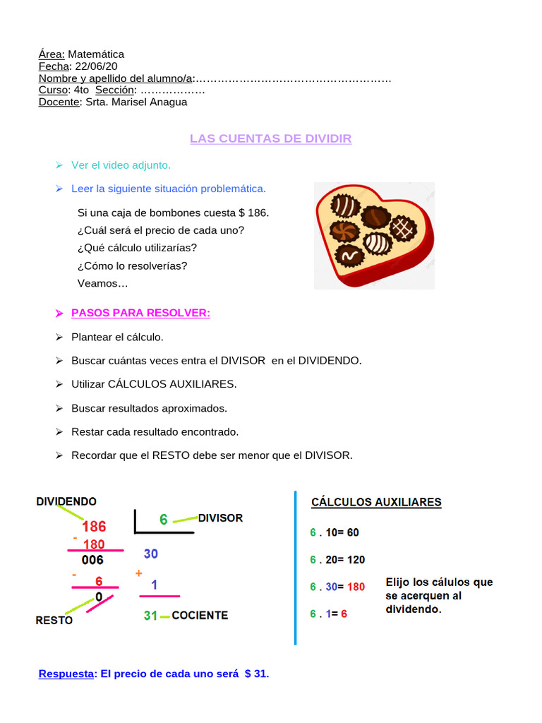 Cuentas de Dividir para 4to Grado | PDF