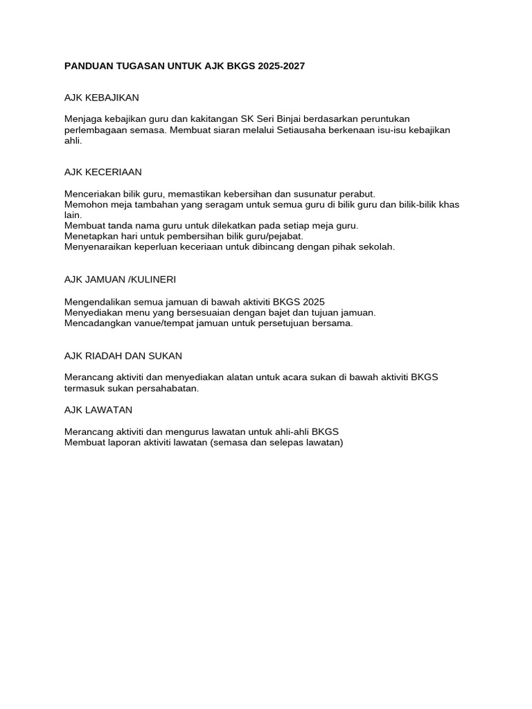 Panduan Tugasan Untuk Ajk Bkgs 2025 | PDF