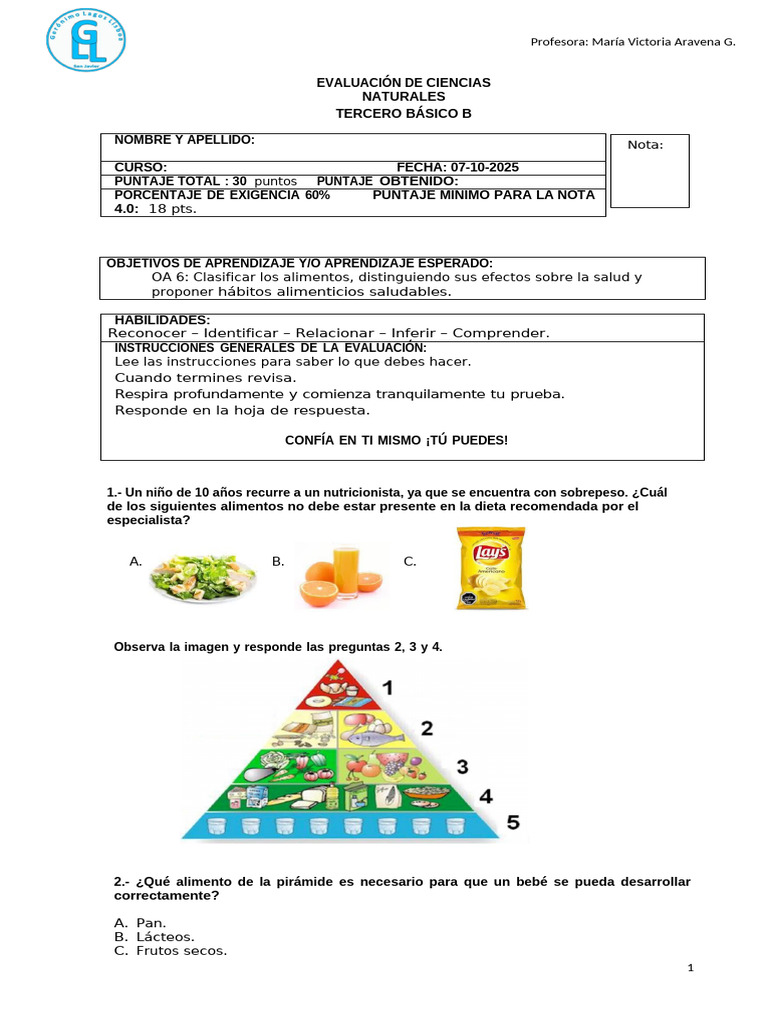 Prueba Oa6 Alimentacion Saludable | PDF | Alimentos | Dieta saludable